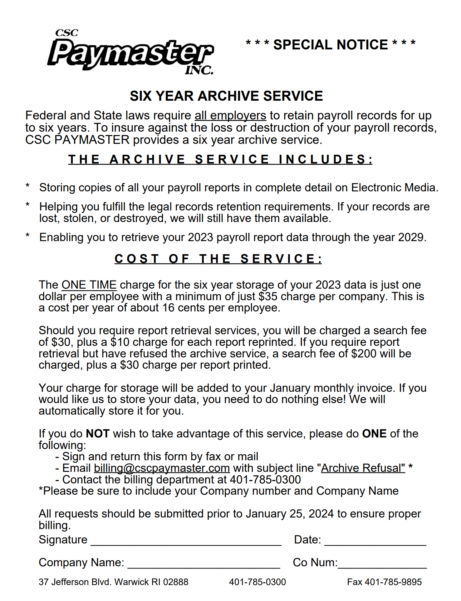 2023 Archive Notice – CSC Paymaster Inc.
